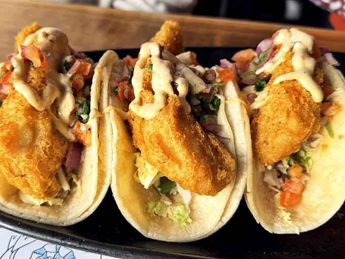 Fish tacos that understand the assignment: crispy, fresh, and drizzled with enough sauce to make you forget your table manners.