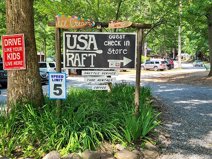 USA Raft's rustic entrance sign promises adventure with a side of ice cream &ndash; a combination that works surprisingly well after battling the Nolichucky rapids.
