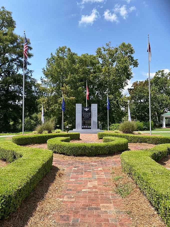 Veterans Memorial Park honors service with dignity, offering a quiet space for reflection among the trees and flags.