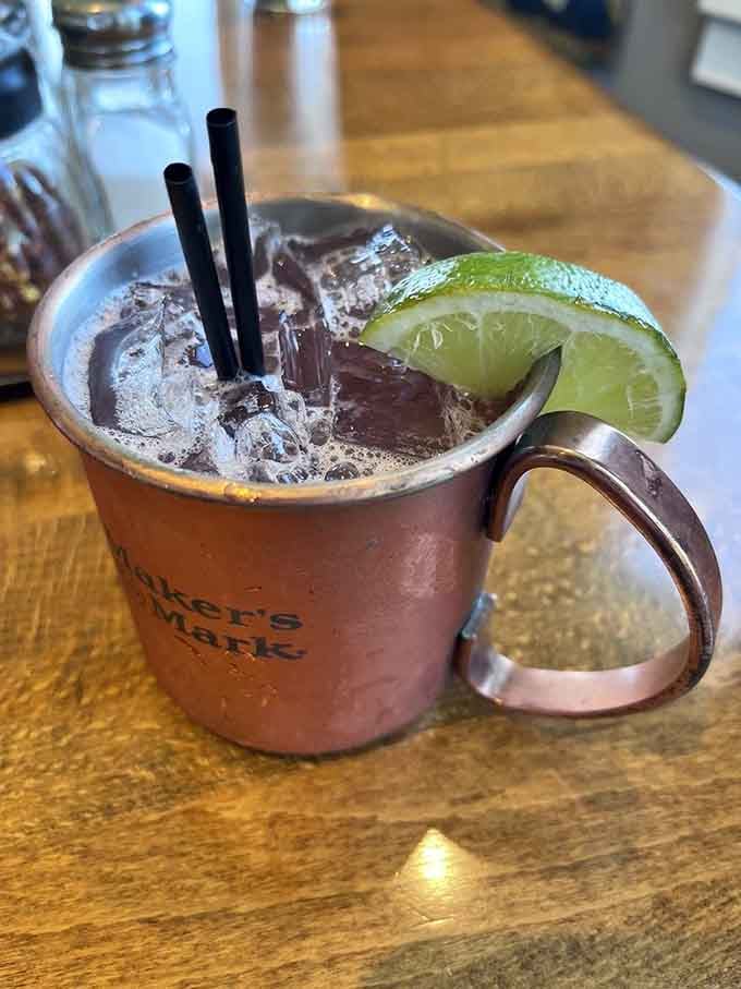 A copper mug signals serious refreshment ahead&mdash;the perfect companion for waterfront dining and people-watching between bites.