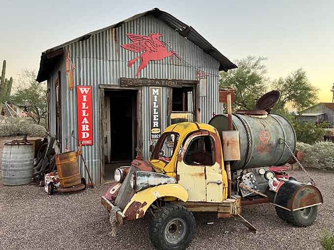The faded Mobil Pegasus and rusted equipment evoke memories of when gas stations were genuine gathering places.