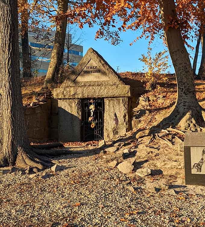 The Walt Whitman tomb site offers a peaceful spot for reflection without admission fees, one of many cultural attractions accessible to budget-conscious seniors.