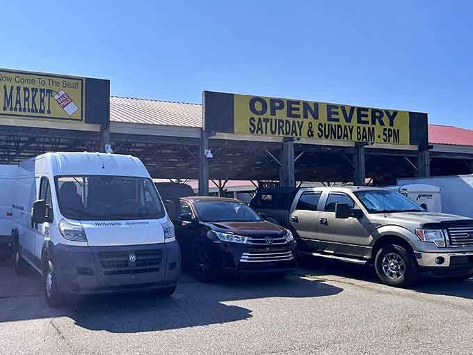 That sign tells you everything: Saturdays and Sundays, 8 to 5, your new weekend ritual awaits in Salisbury's treasure trove.