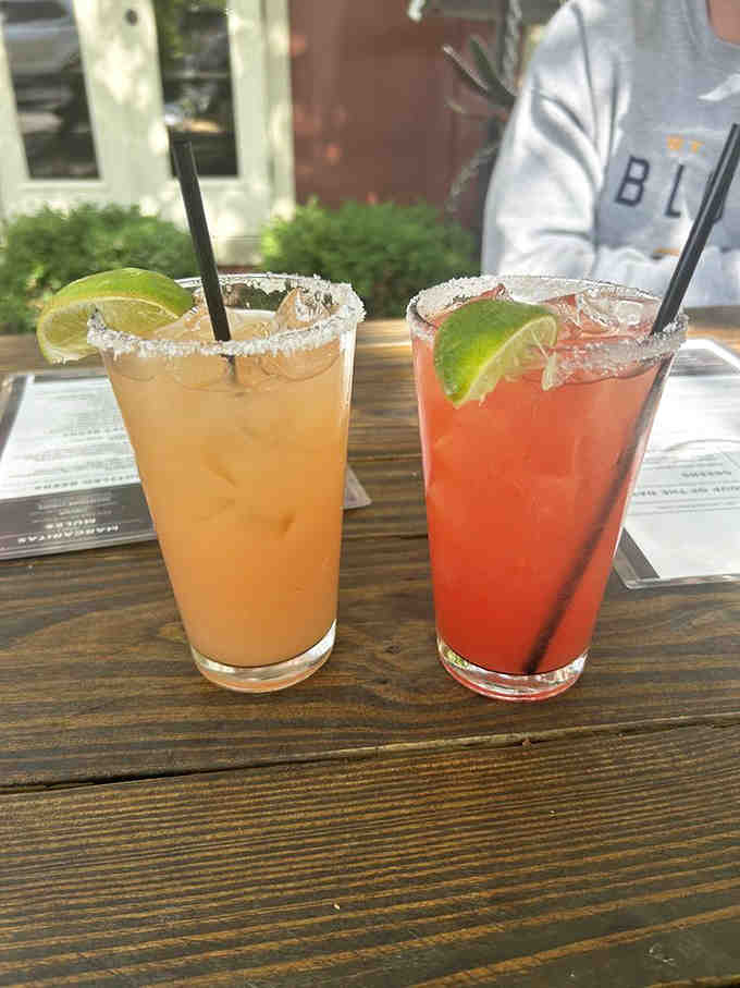 Two margaritas with salt-rimmed glasses catching the sunlight, ready to make any afternoon feel like a vacation.