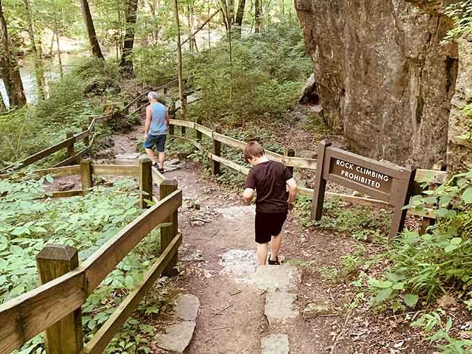 Rock climbing prohibited, but the views going down these wooden steps are worth every careful footfall you take.