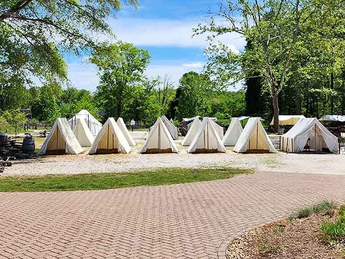 Period military tents recreate the Continental Army encampment, offering a glimpse into soldiers' daily Revolutionary War life.