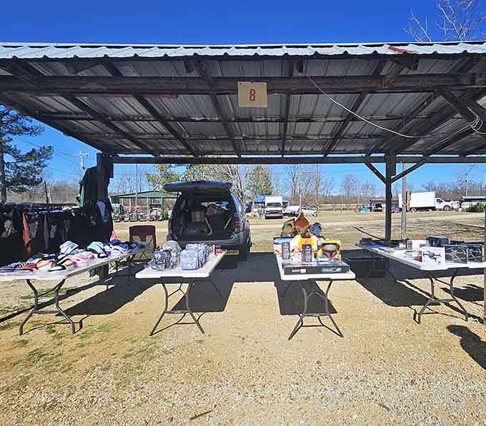 The open-air marketplace transforms ordinary vehicles into pop-up shops. Table 8's vendor has mastered the art of the portable storefront.