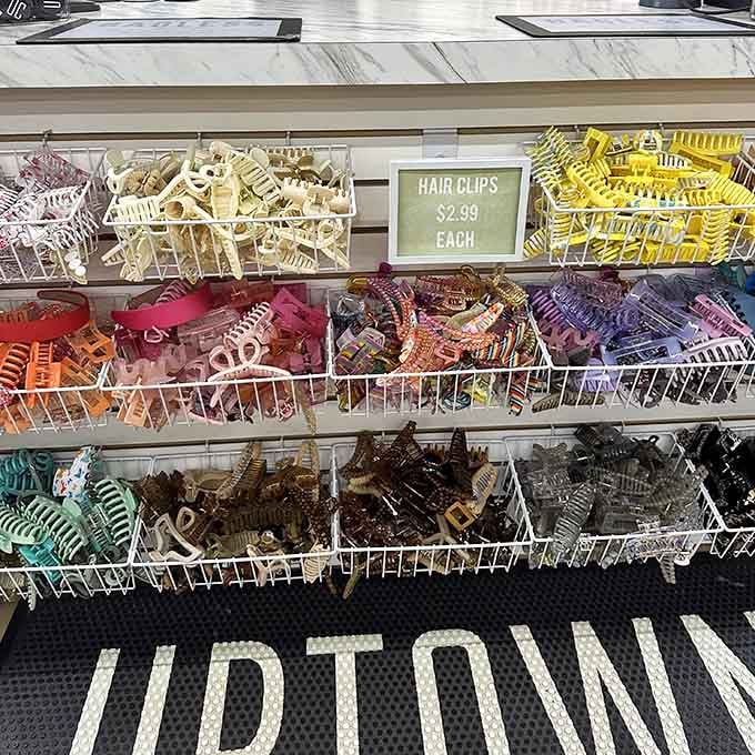 A rainbow of hair clips organized with the precision of a jewelry store. Because sometimes the smallest accessories make the biggest statement.
