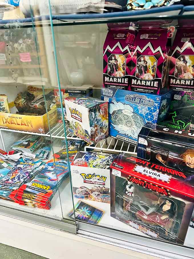 Pokemon cards and collectibles share space with vintage toys, bridging generations of what we considered absolutely essential childhood items.