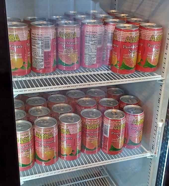 The refrigerator reveals Hawaii's secret weapon against thirst &ndash; Aloha brand passion-guava nectar, the tropical equivalent of liquid sunshine in aluminum form.