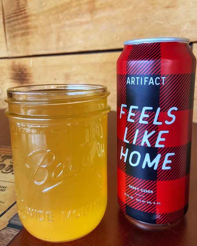 Local craft cider in a mason jar&mdash;because sometimes BBQ needs a grown-up companion. "Feels Like Home" isn't just the brand name, it's the entire experience.