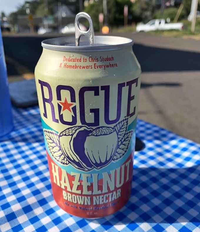 Rogue Hazelnut Brown Nectar on a checkered tablecloth: Oregon craft beer meeting Oregon coastal charm in perfect harmony.
