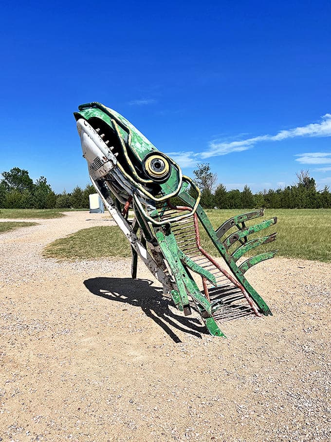 Something's fishy at Carhenge! This metallic leviathan leaps from the prairie sea, proving that automotive art can swim as well as stand still.