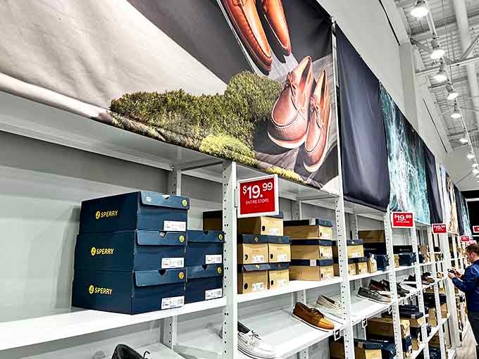 Sperry boat shoes lined up like nautical soldiers, waiting to transport your feet to imaginary yacht parties. The red sale signs whisper sweet nothings to your budget.