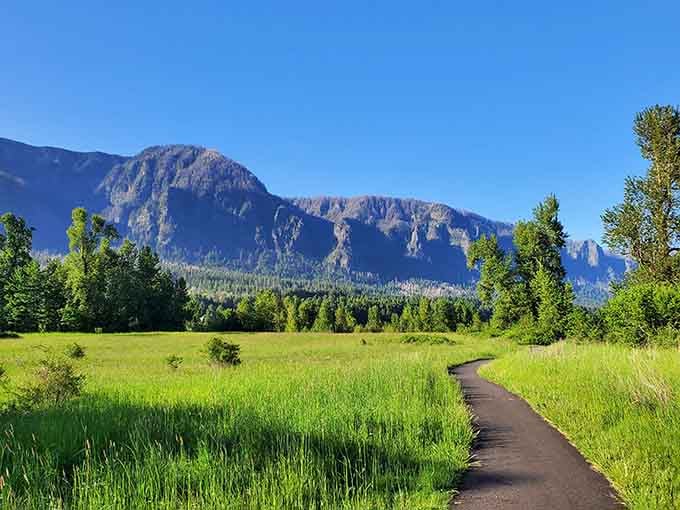 The path winds through meadows with mountain backdrops so perfect they look like the Windows XP wallpaper's more impressive cousin.