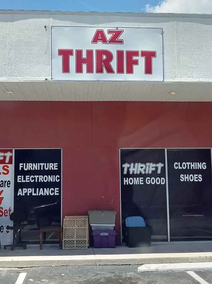 AZ Thrift's no-nonsense exterior tells you exactly what they offer. Furniture, electronics, appliances – they've got it all!