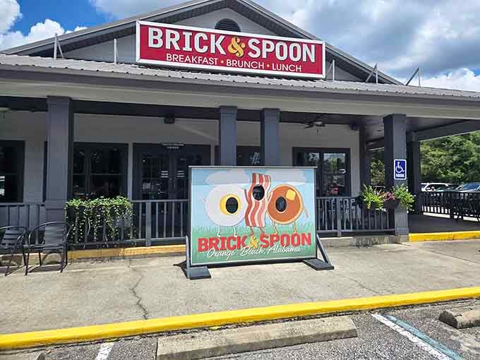 The playful sign with eggs and bacon shows this place doesn't take itself too seriously, just the food.