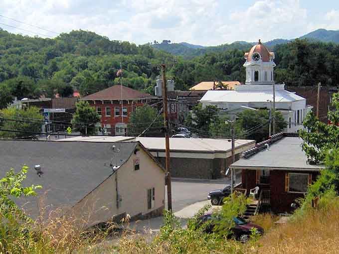 Bryson City's historic courthouse stands proudly against the mountain backdrop, like a sentinel watching over this charming gateway town.