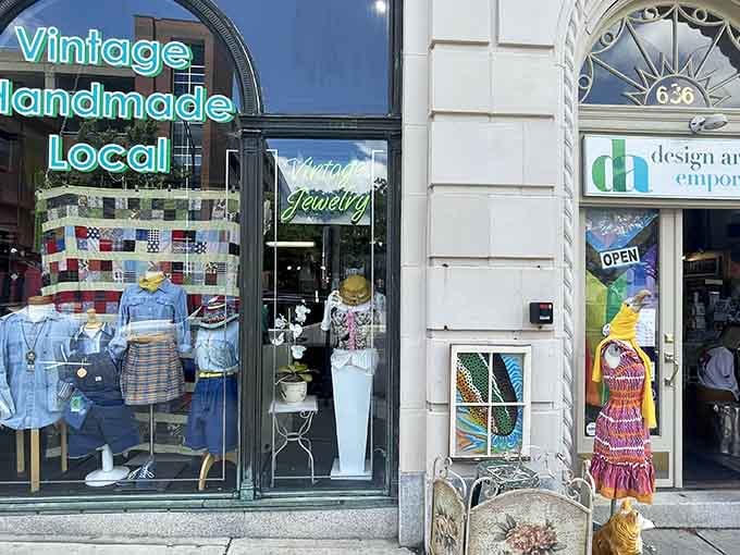 Those vintage window displays showcase handmade treasures like a gallery celebrating creativity and local artistry.