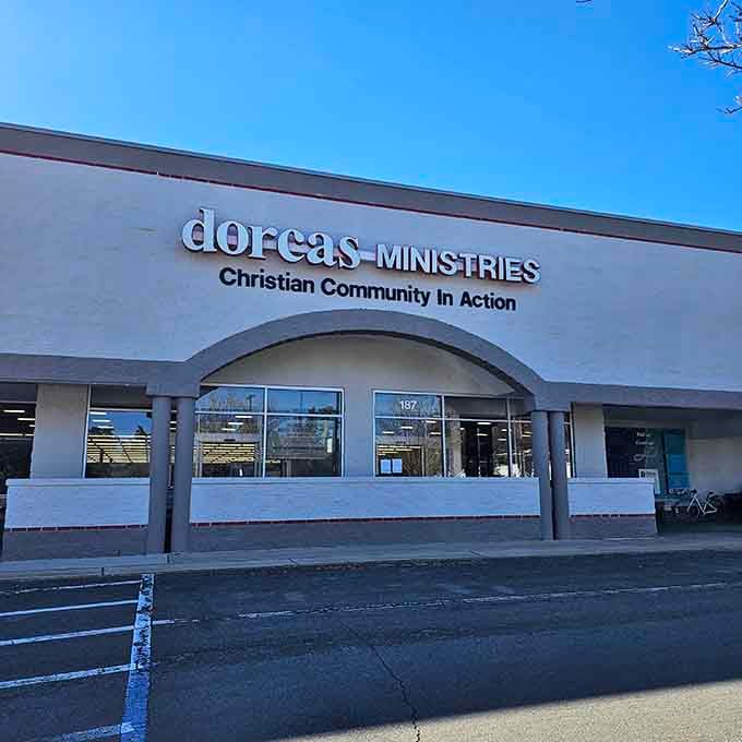 The elegant archway entrance adds a touch of class to bargain hunting, like shopping in style.