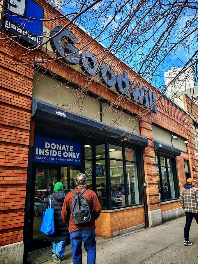 The vintage brick facade and "Donate Inside Only" sign keep this Brooklyn neighborhood looking sharp.