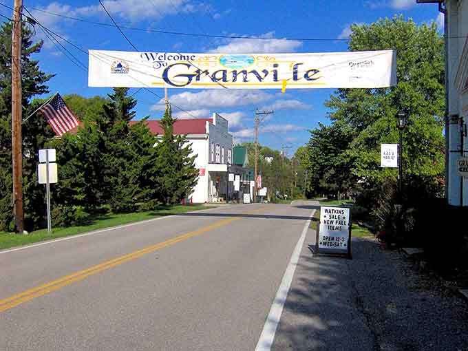 Granville announces itself with banner and small-town confidence, where everyone waves whether they know you or not.