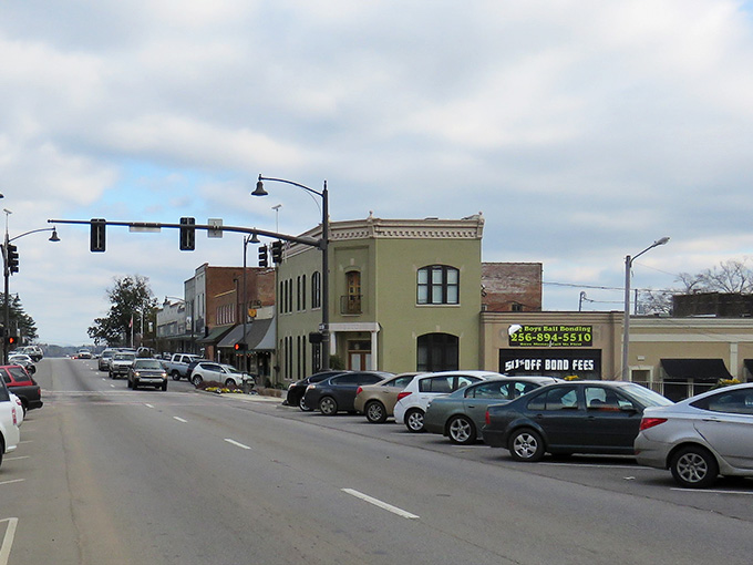 Colorful storefronts create a cheerful streetscape where local businesses thrive and neighbors still know each other's names.
