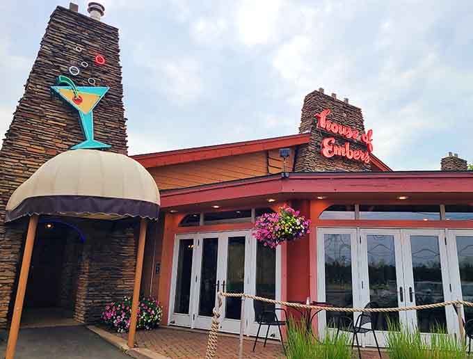 That martini glass sign atop stone towers &ndash; House of Embers knows first impressions matter in the competitive Dells dining scene.