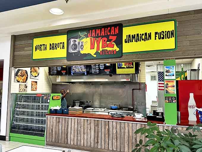Bright yellow and green colors announce Caribbean flavors hiding in this unexpected North Dakota mall food court.