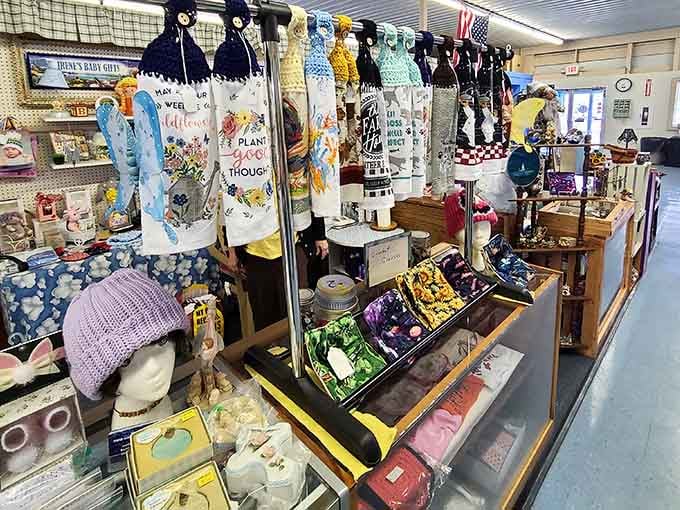 Cheerful kitchen towels and handcrafted items create a cozy, homey atmosphere perfect for gift hunting.