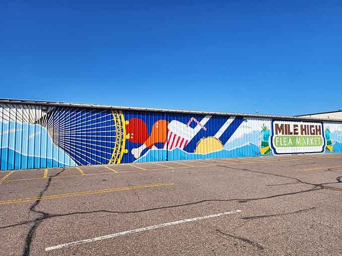 That vibrant Colorado-themed mural stretches across the building like a love letter to the Rocky Mountain state.