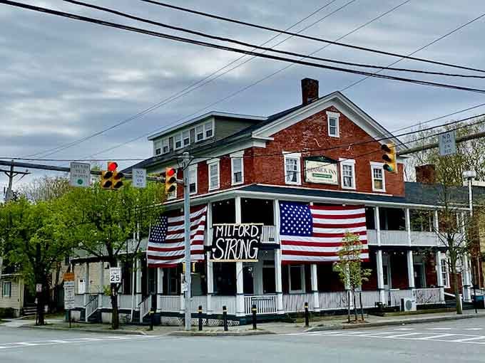 Patriotic pride wraps this corner building in stars and stripes, a community statement that never goes out of style.