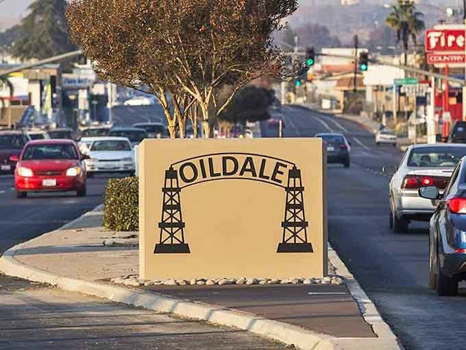 Oildale's entrance sign pays homage to its industrial roots, where practical living trumps pretension and keeps costs down.