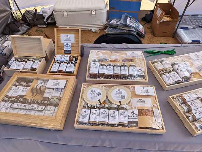 Handcrafted goods displayed in wooden boxes show the care and attention that goes into homemade treats and treasures.