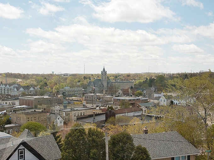 Church spires punctuate the skyline like exclamation points celebrating this town's enduring spirit and architectural heritage through the decades.