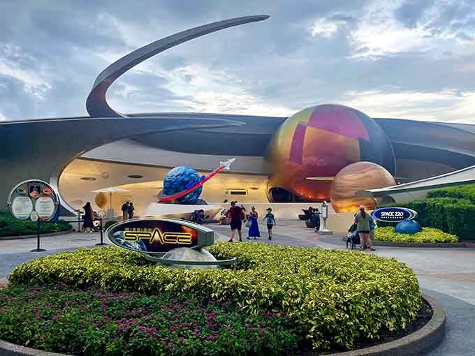 This futuristic entrance looks like Walt Disney's vision of tomorrow finally arrived, and it brought excellent food along.