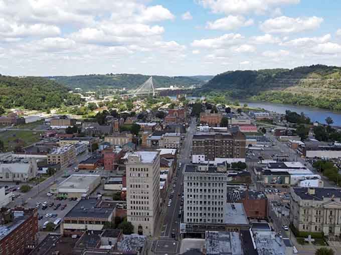 From above, the river town spreads out like a postcard from America's heartland, affordable and authentic.