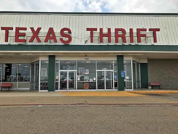Texas Thrift's bold red lettering stands proud, marking the spot where your wallet gets a much-needed vacation.