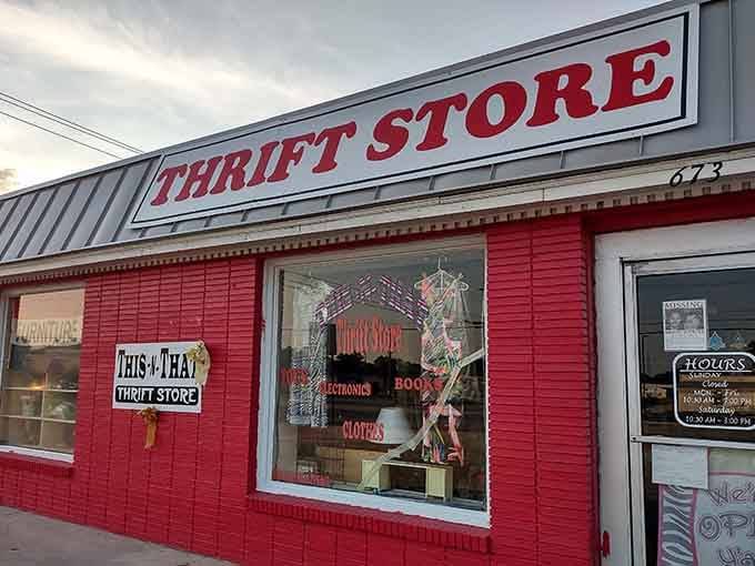 That bright red storefront pops like a valentine declaring love for thrifty shoppers everywhere.