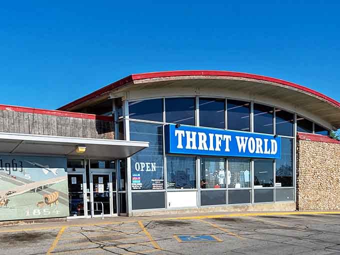 Thrift World's distinctive curved architecture makes this location a neighborhood landmark for savvy shoppers seeking serious savings daily.