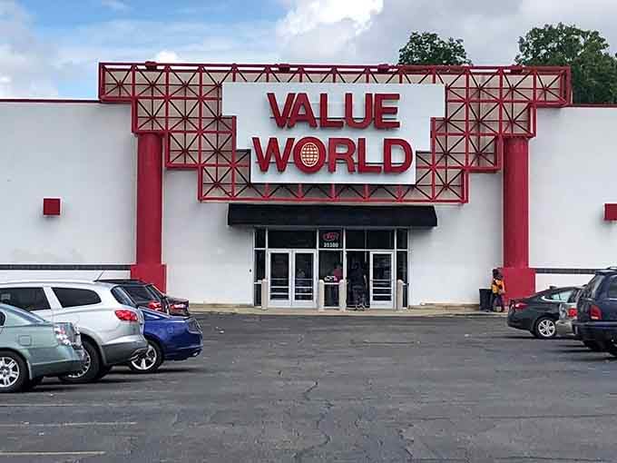 That bold red framework above the entrance stands tall like a monument to the art of bargain hunting.
