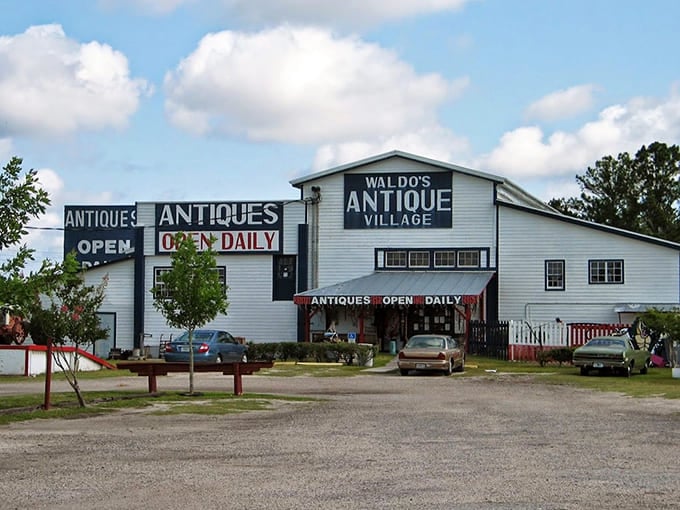 That classic white building promises antique adventures inside, where every corner holds potential discoveries waiting patiently.