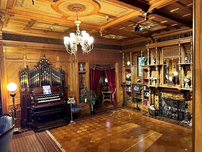 Victorian elegance fills this grand room where a magnificent organ sits ready to fill the air with haunting melodies.
