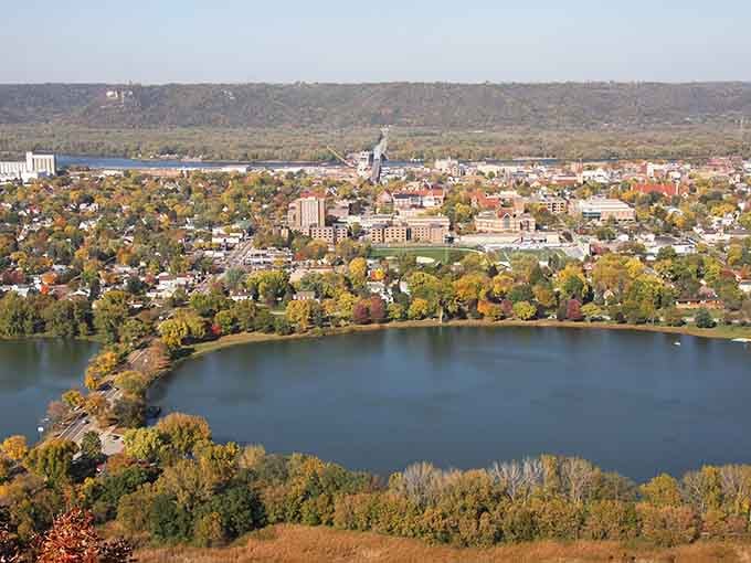 Autumn colors frame this river valley town like nature's own picture frame, perfectly composed and breathtaking.