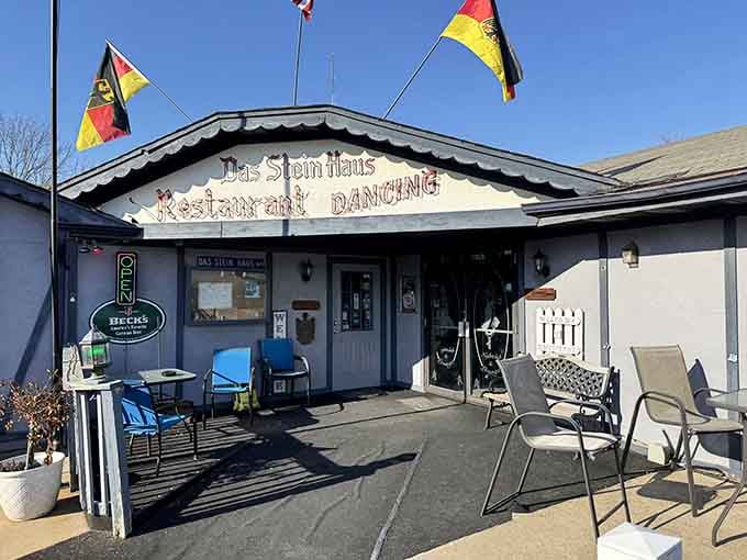 German flags flying proudly announce authentic Old World flavors served in this unassuming building that locals have treasured for years.