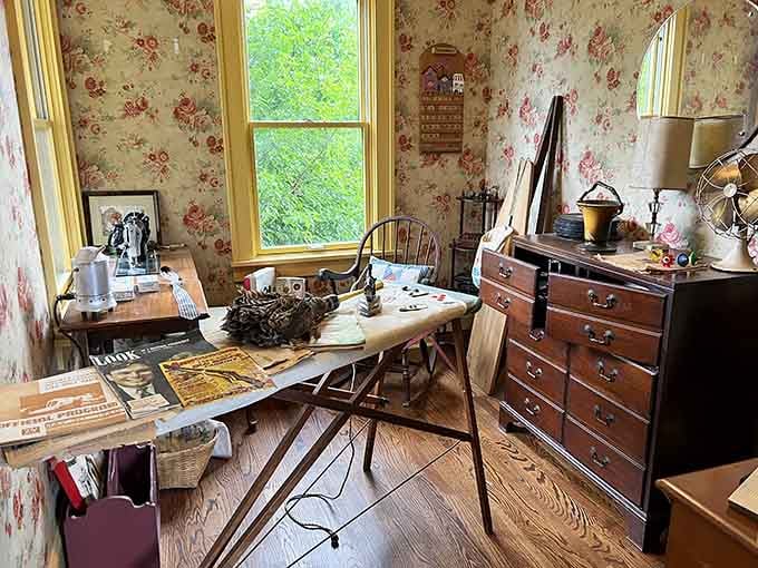 Floral wallpaper and vintage furniture recreate the cozy 1940s home where Ralphie dreamed of his Red Ryder BB gun.