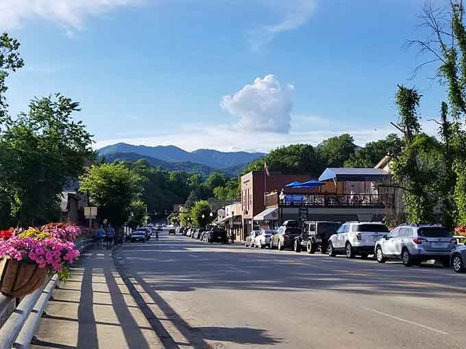 Flower baskets add splashes of color to Bryson City's inviting main drag, where the mountains seem close enough to touch.