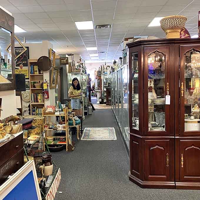 Towering china cabinets and vintage mirrors create sophisticated vignettes that would make any decorator swoon with delight.