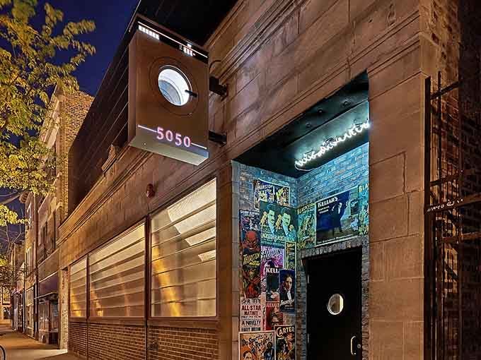 Evening lights glow warmly on the facade, beckoning you to discover the secret speakeasy entrance through the laundromat.