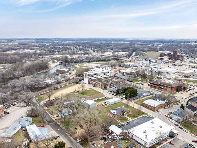 This aerial view shows Freeport's compact downtown surrounded by residential areas where housing costs won't break your budget.